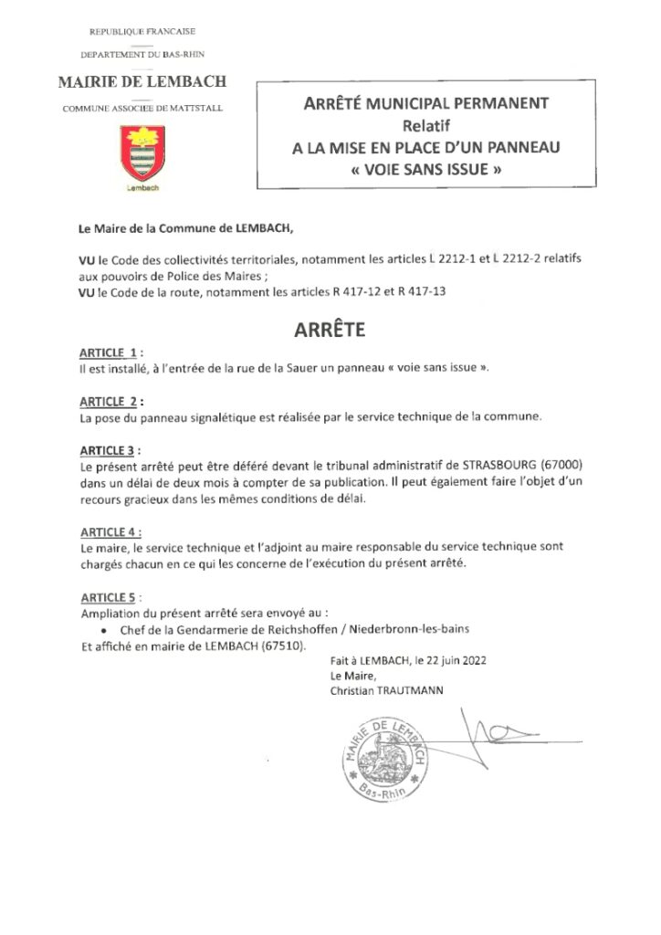 Arrêtés municipaux permanents – mise en place de panneaux – Commune de ...